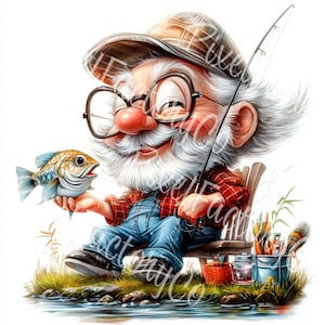 Funny Grandpa Fishing Clipart: Watercolor Summer Character Bundle ...