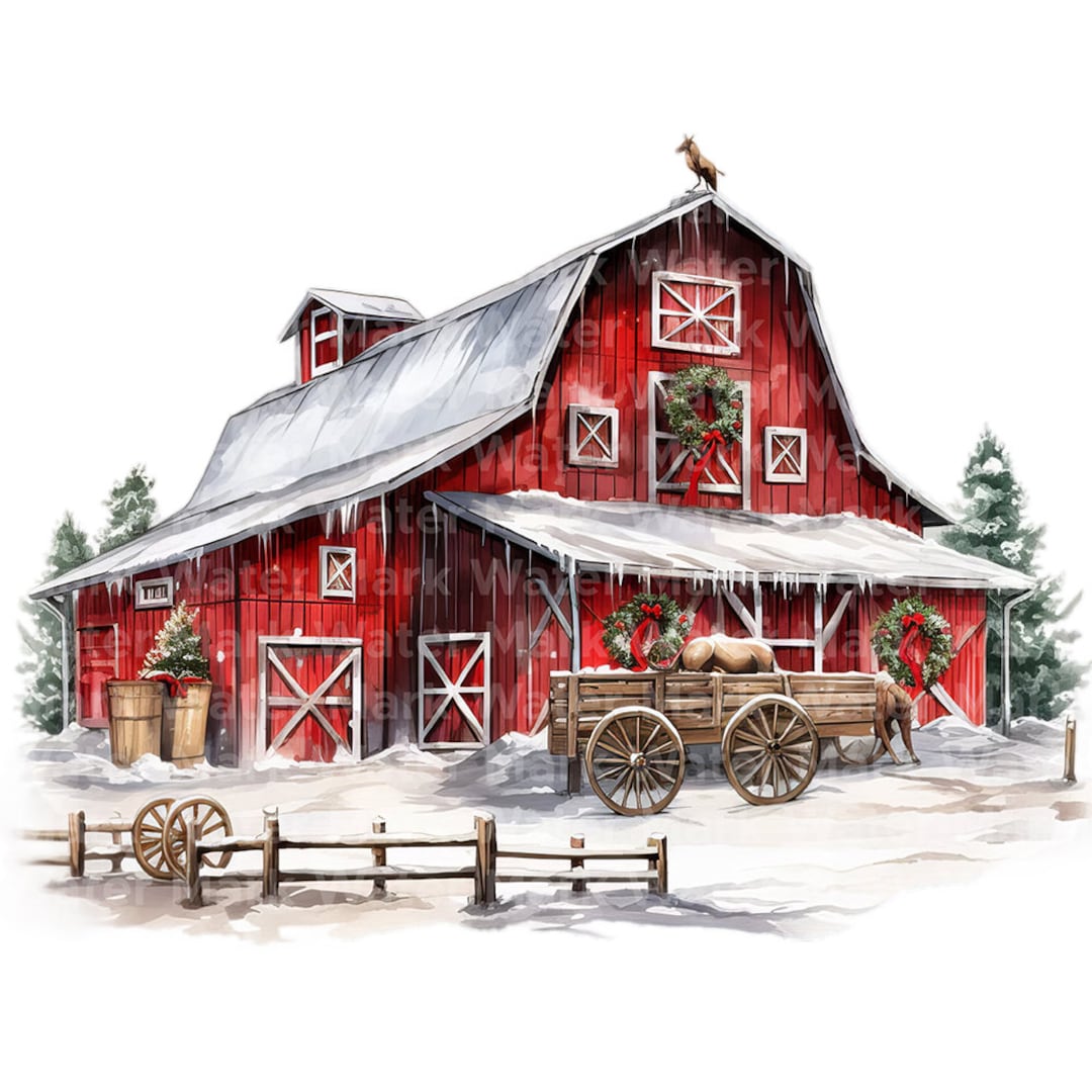 Christmas Barn Watercolor Clipart, 12 JPG, Christmas Clipart, Winter ...