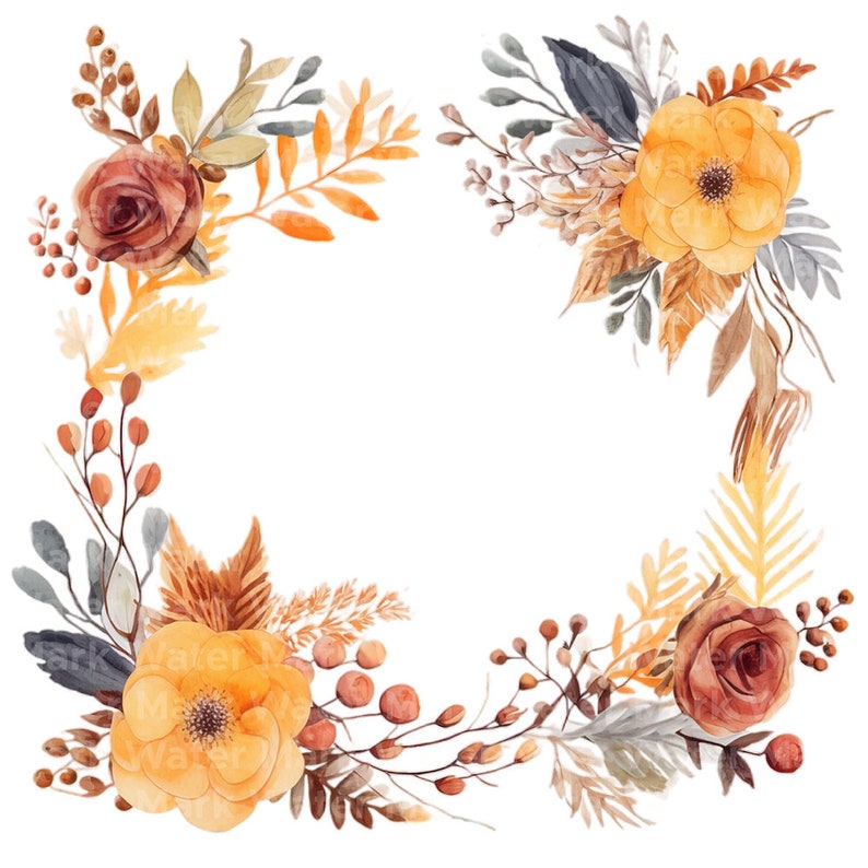 Watercolor Flower Frame Clipart: Autumn Floral Border (digital Download ...