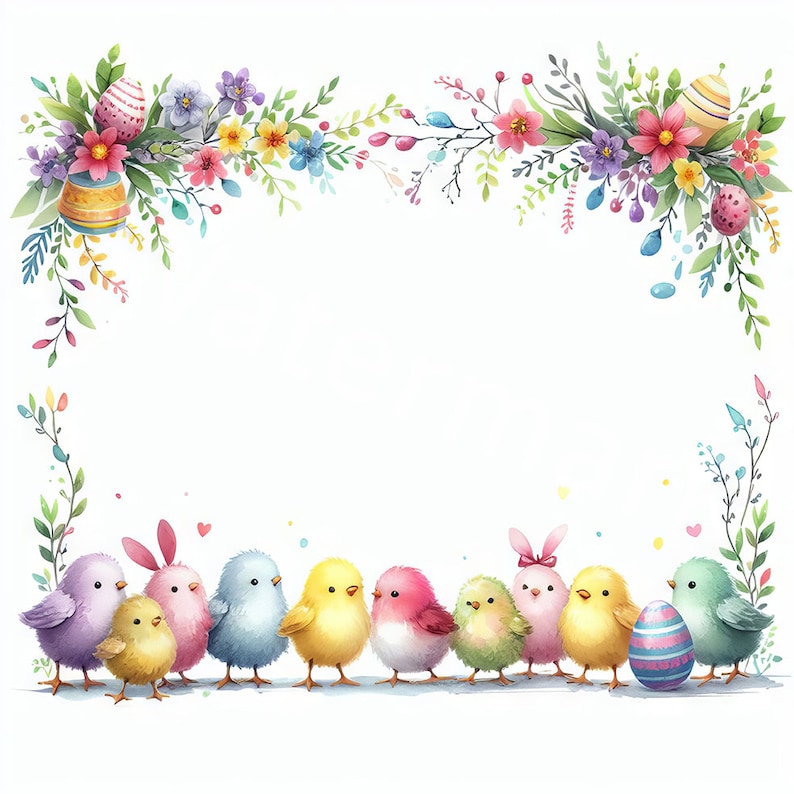 Watercolor Easter Borders Clipart: Chicks & Eggs, Floral Frames ...