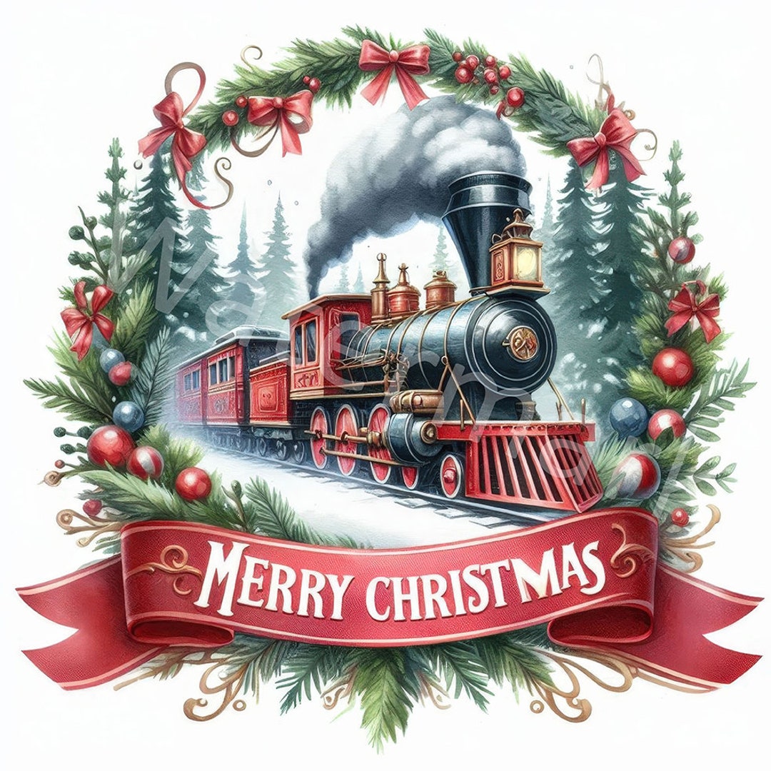 Watercolor Christmas Train Clipart: Holiday Card Graphics (digital ...