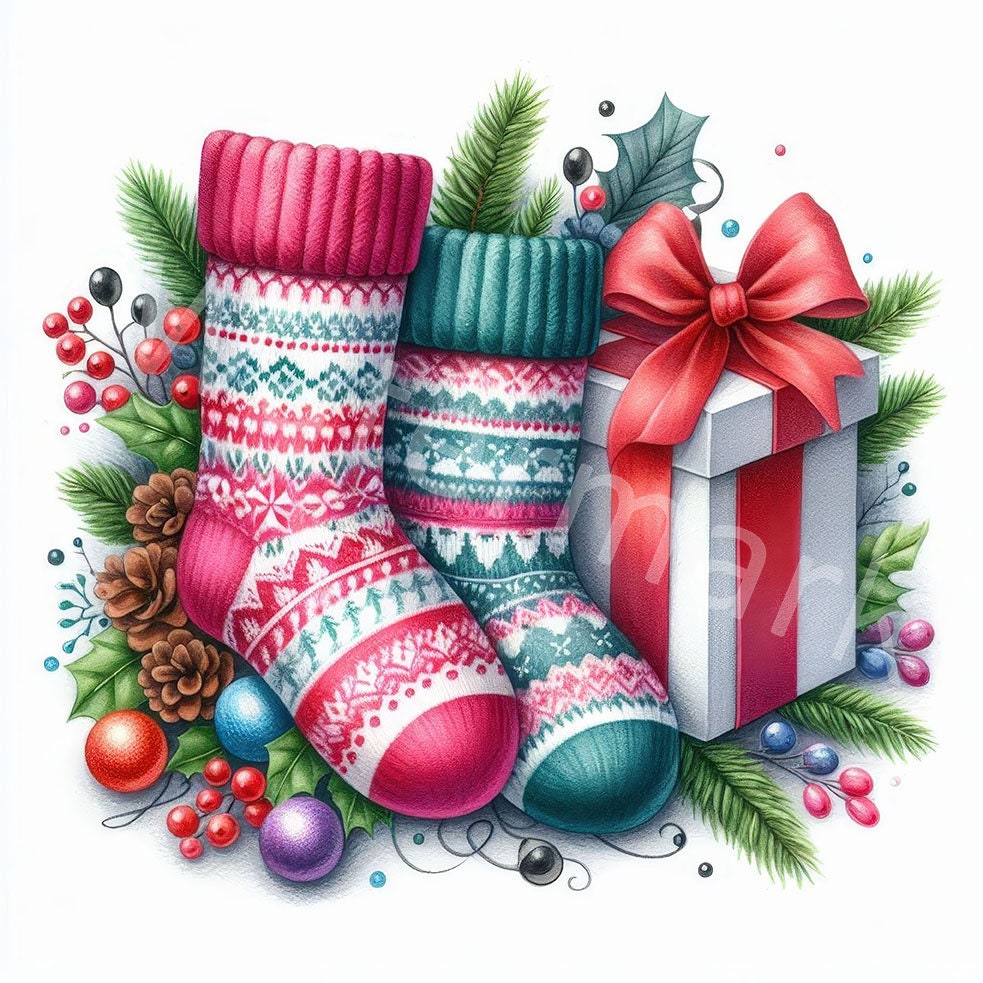 Watercolor Christmas Socks Clipart: Holiday Scrapbooking (digital ...
