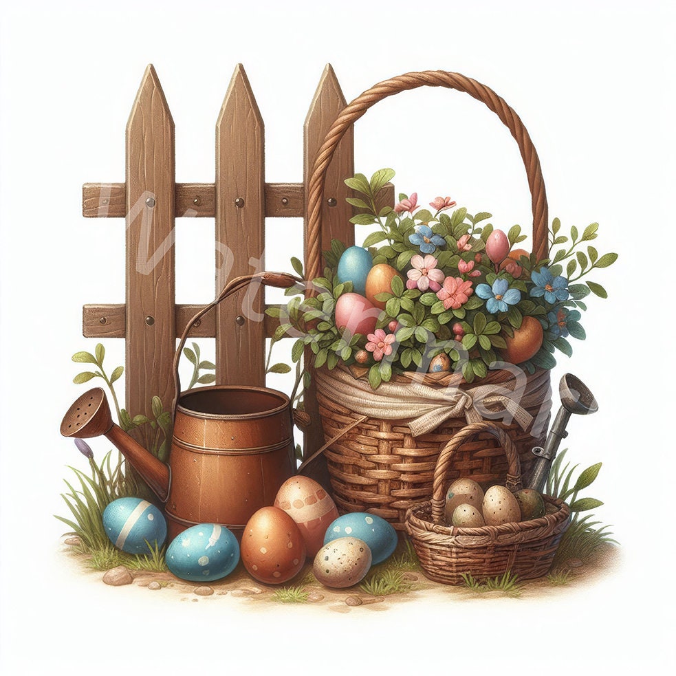 Easter Garden Clipart, 11 JPG, Digital Download, Garden Gate, Bunny and ...