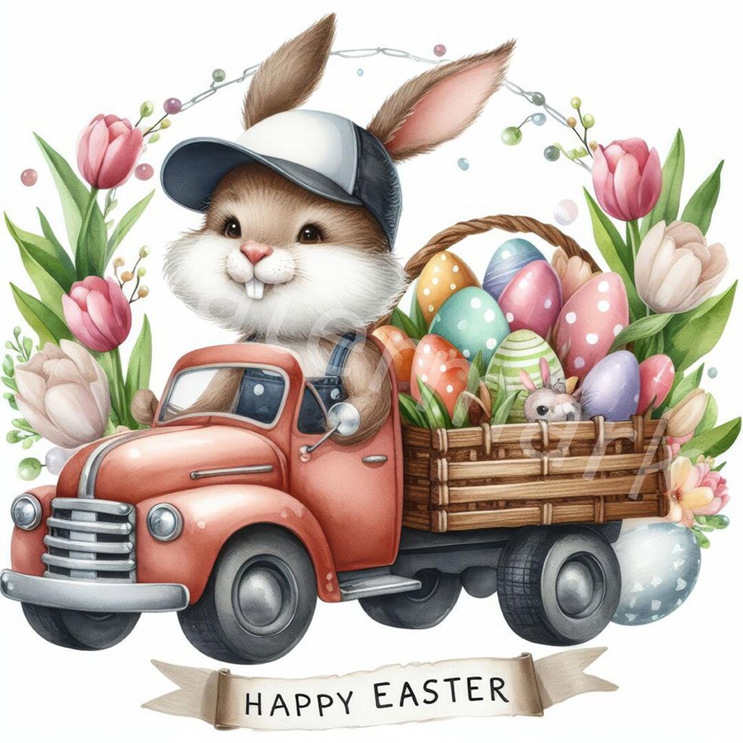 Watercolor Easter Bunny Truck Clipart, Easter Eggs, Spring Journal ...
