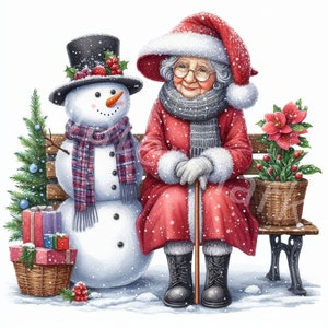 Christmas Grandma & Snowman Clipart: Watercolor JPG Images (digital ...