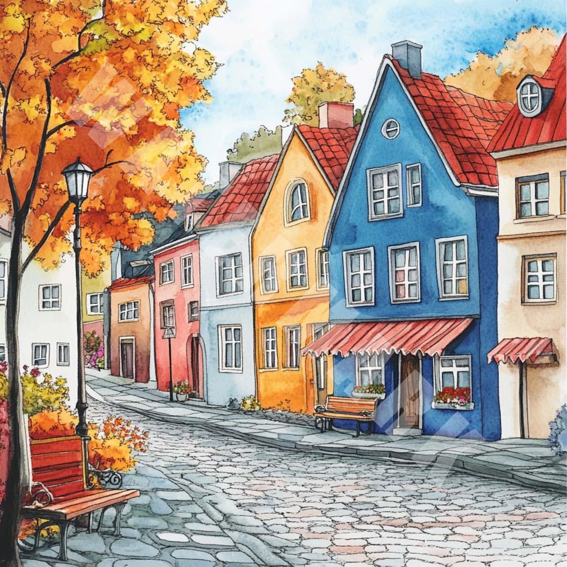 Autumn Street Watercolor Clipart: Fall City Landscape (digital Download ...