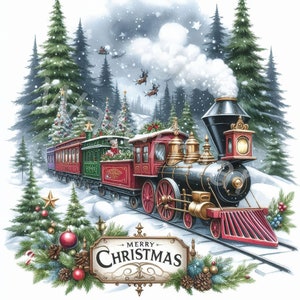 Watercolor Christmas Train Clipart: Holiday Card Graphics (digital ...