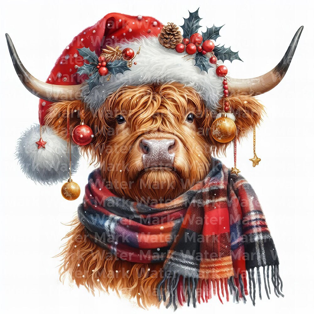 Watercolor Christmas Highland Cow Clipart: Holiday Card Making (digital ...