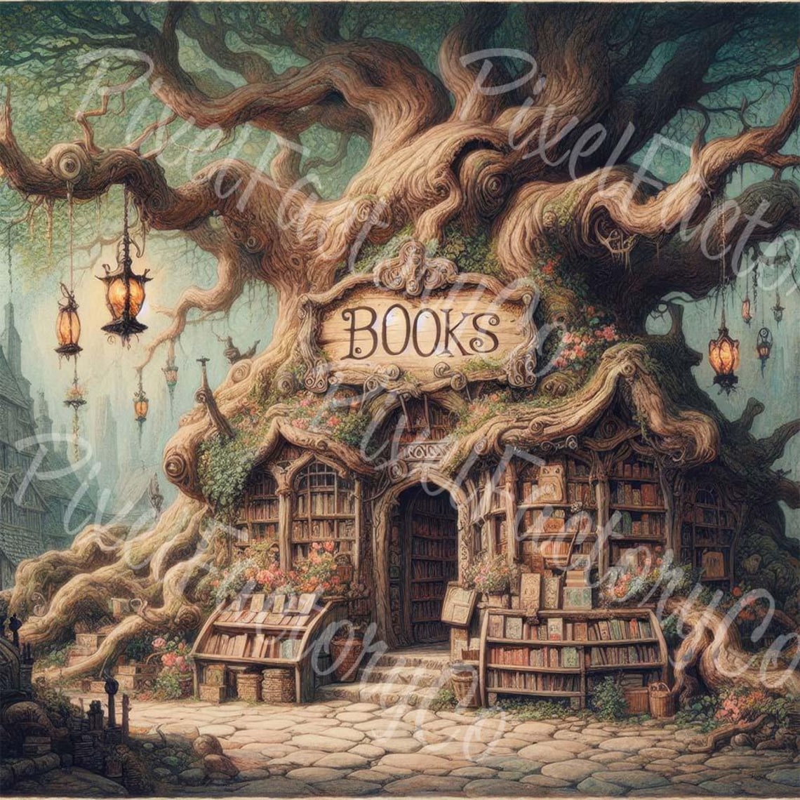 Fantasy Tree Bookstore Clipart: Enchanted Library Art (12 JPG Digital ...