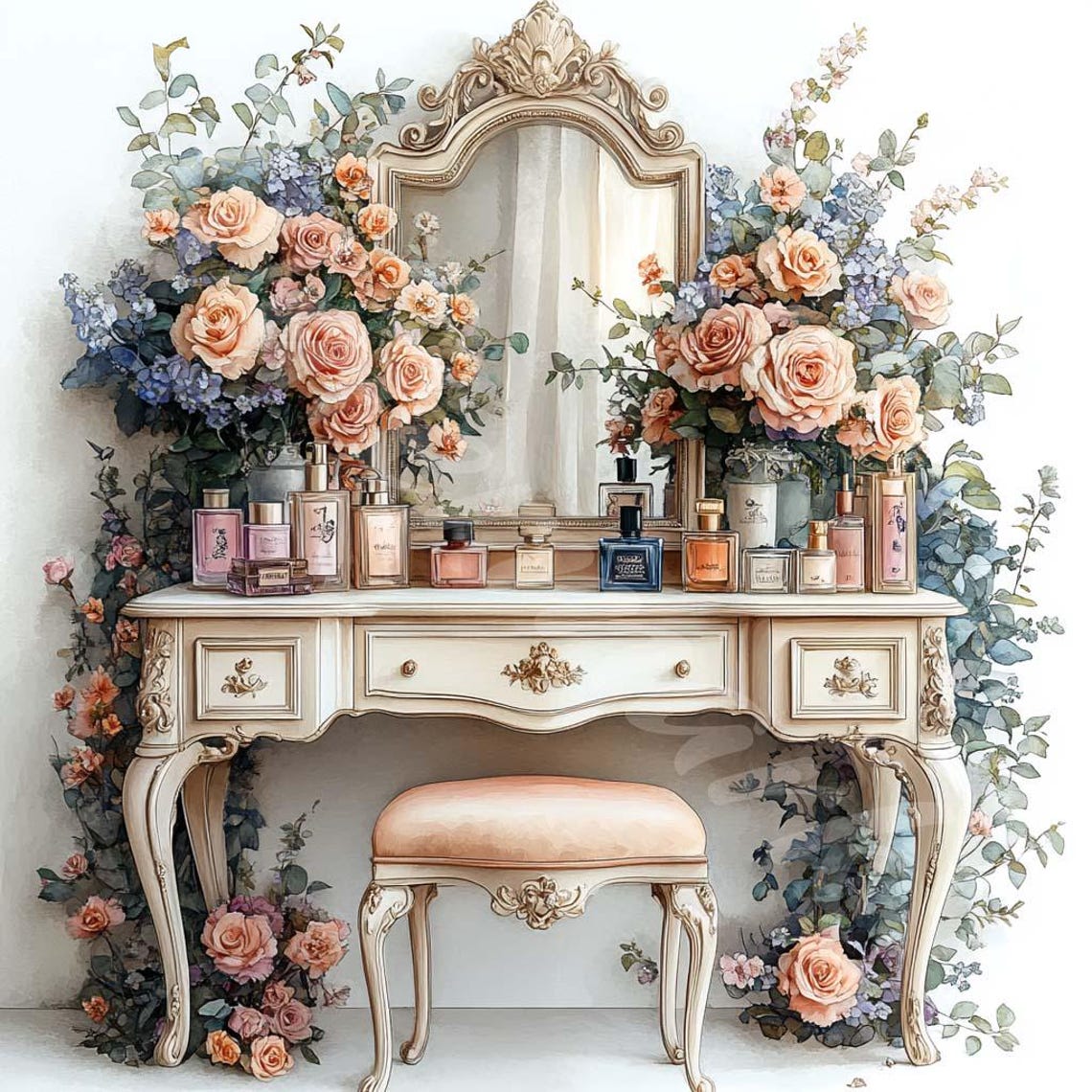 Vintage Girl Watercolor Clipart: Dressing Table Illustration (digital ...