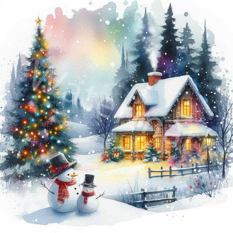 Christmas Snowman Watercolor Clipart: Holiday House, Tree (digital ...