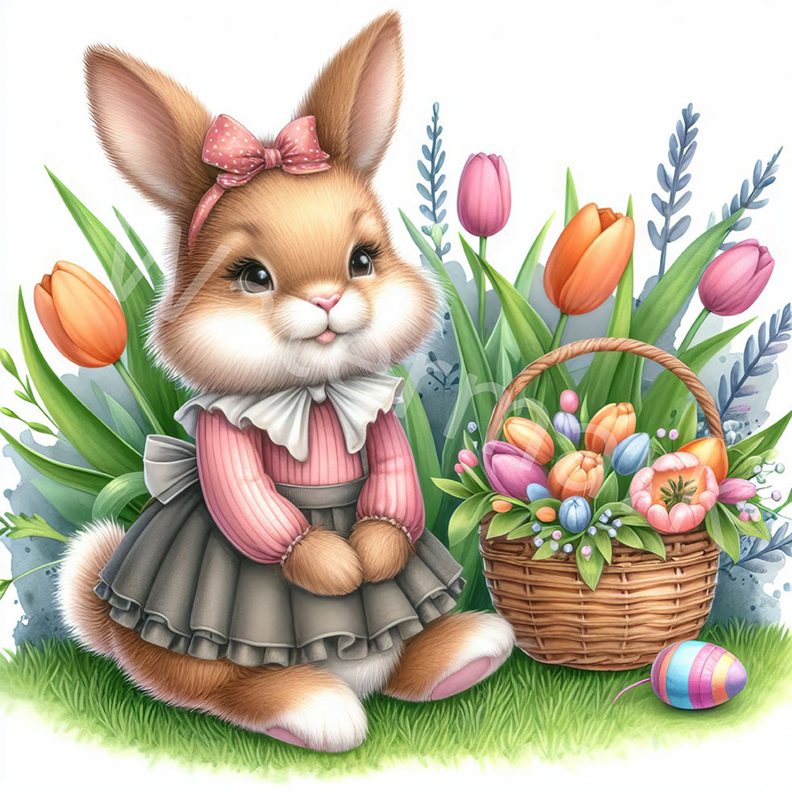 Easter Bunny Watercolor Clipart: Floral Basket (digital Download) - Etsy