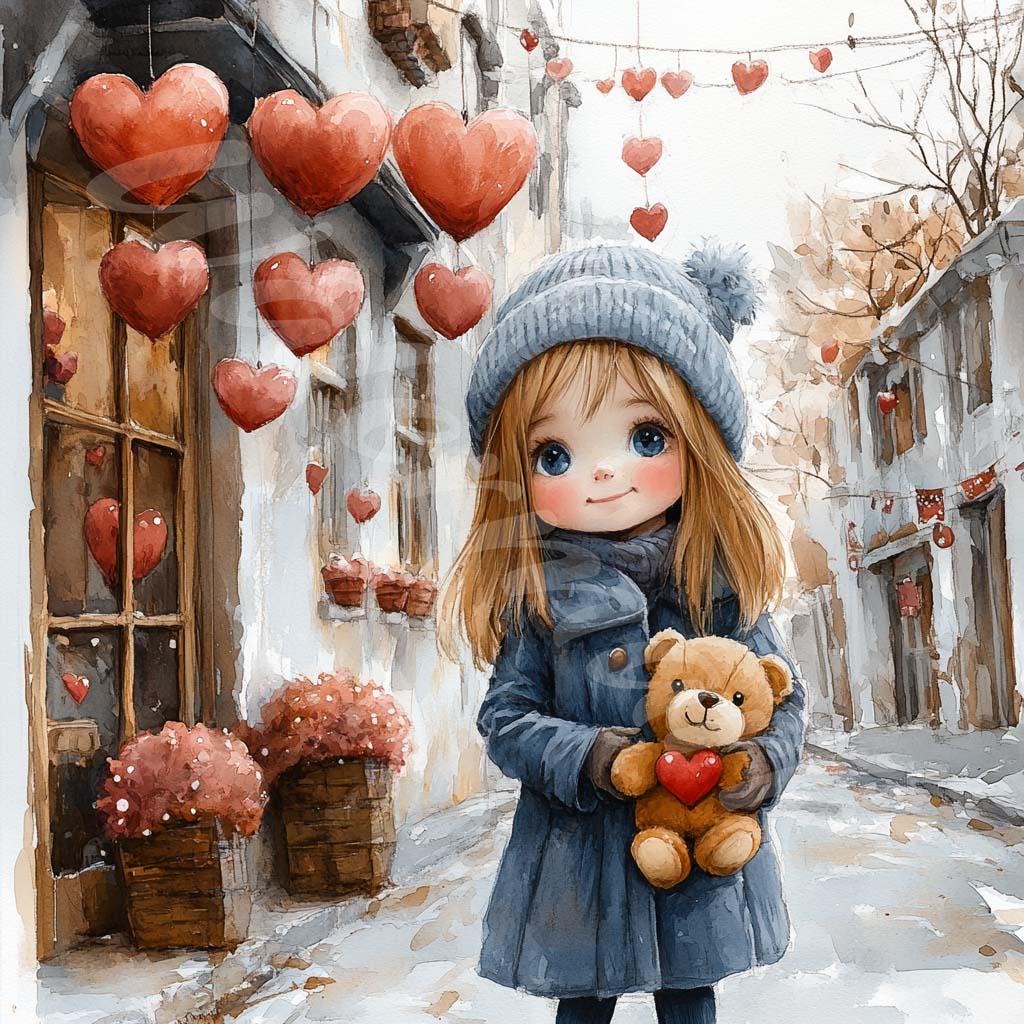 Valentine's Day Girl Clipart: Watercolor Teddy Bear, Heart Ornaments ...