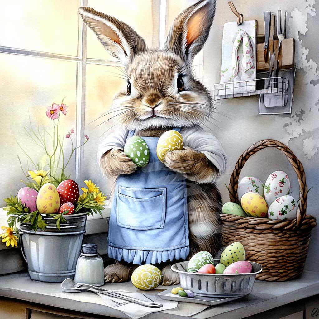 Watercolor Easter Bunny Clipart: Baking Cake, Painting Eggs (digital ...