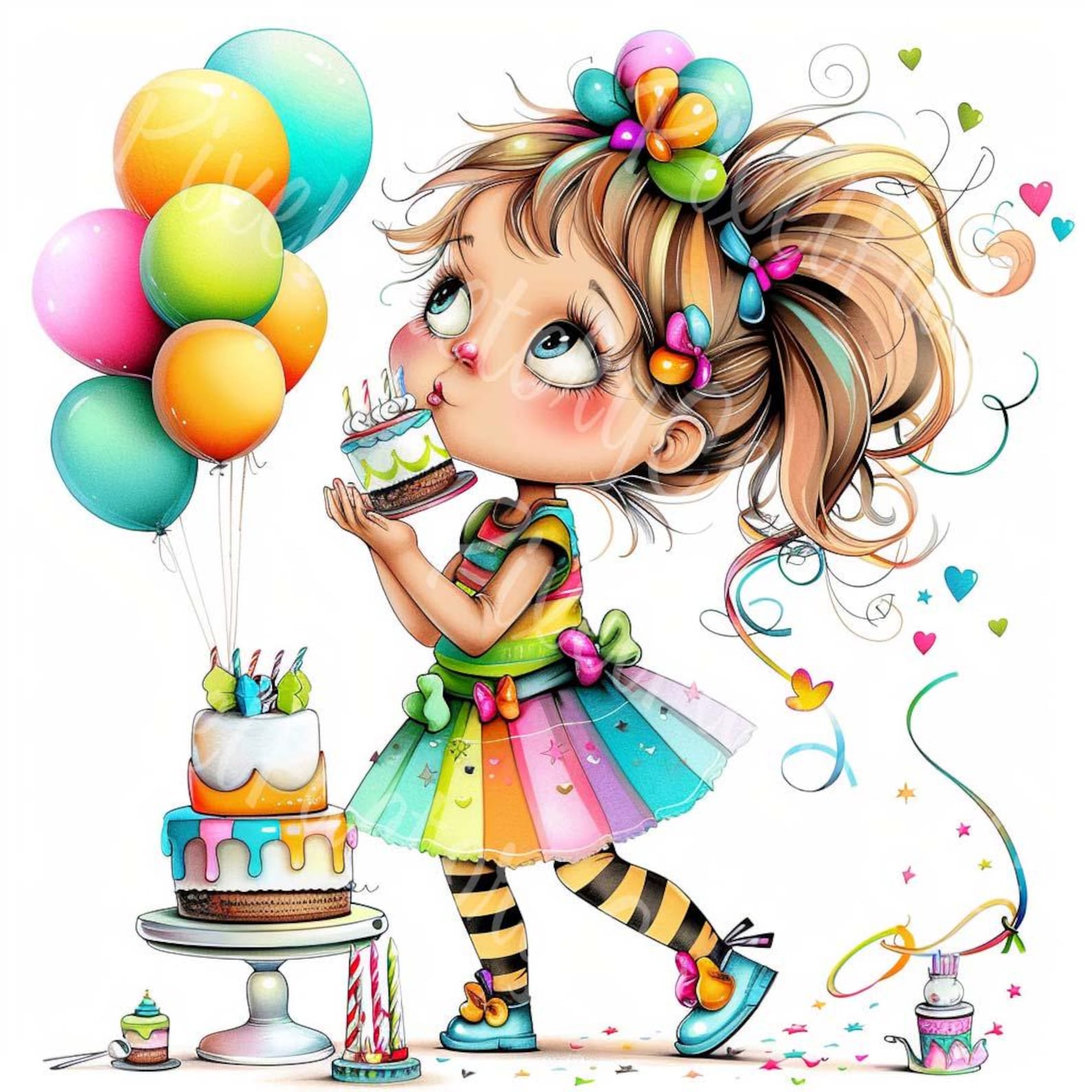 Birthday Girl Clipart: Colorful Party Cake & Balloons (12 JPG Digital ...