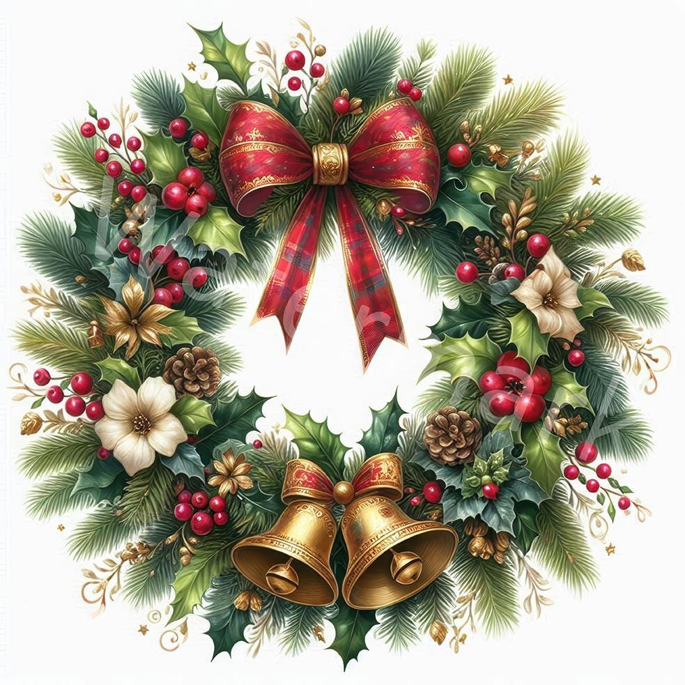 Watercolor Christmas Wreath Clipart: Holiday Decoration (digital ...