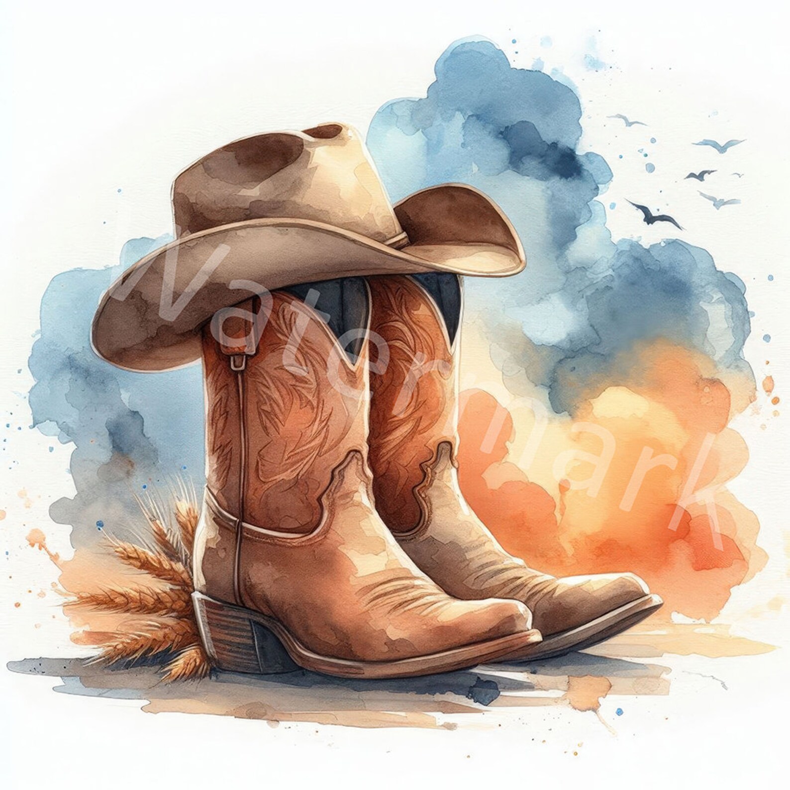 Watercolor Cowboy Boots & Hat Clipart: Western Art (digital Download ...