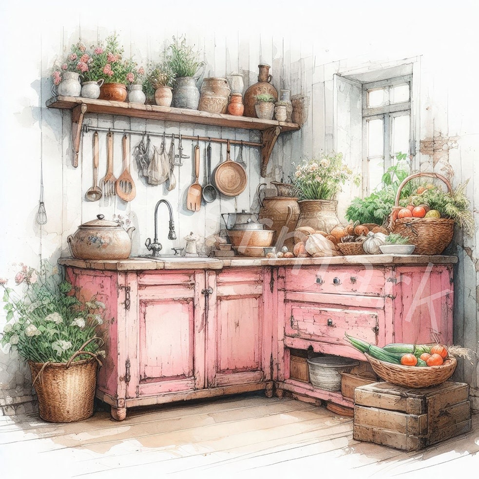 Watercolor Vintage Kitchen Clipart: Farmhouse Furniture (digital ...