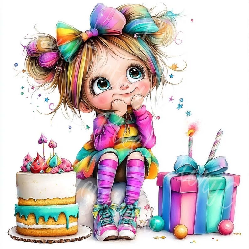 Birthday Girl Clipart: Colorful Party Cake & Balloons (12 JPG Digital ...