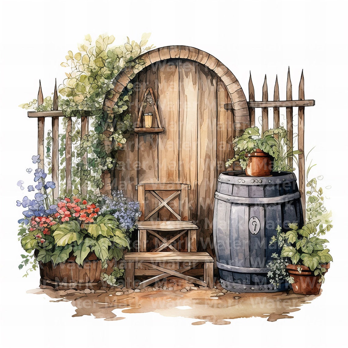 Watercolor Garden Clipart: Summer Gate, Floral Art (digital Download ...