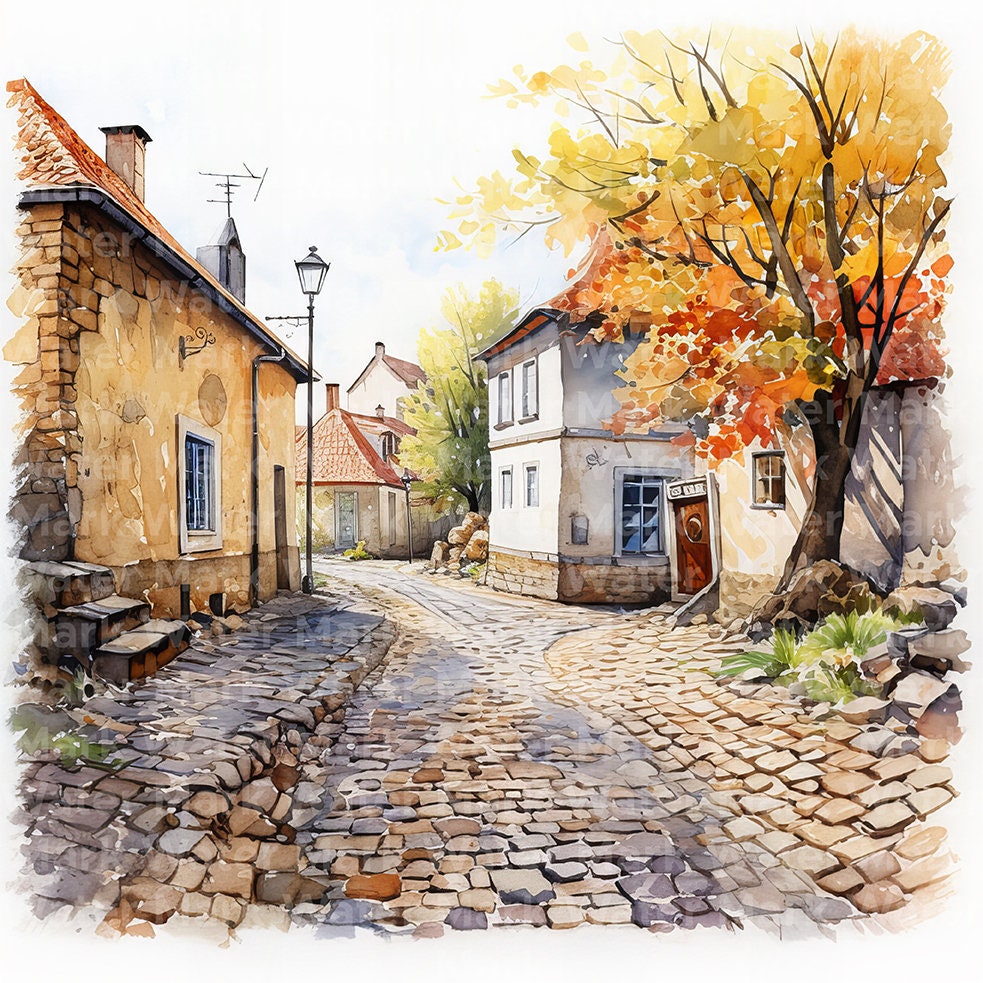 Autumn Street Watercolor Clipart 10 JPG Fall Landscape - Etsy