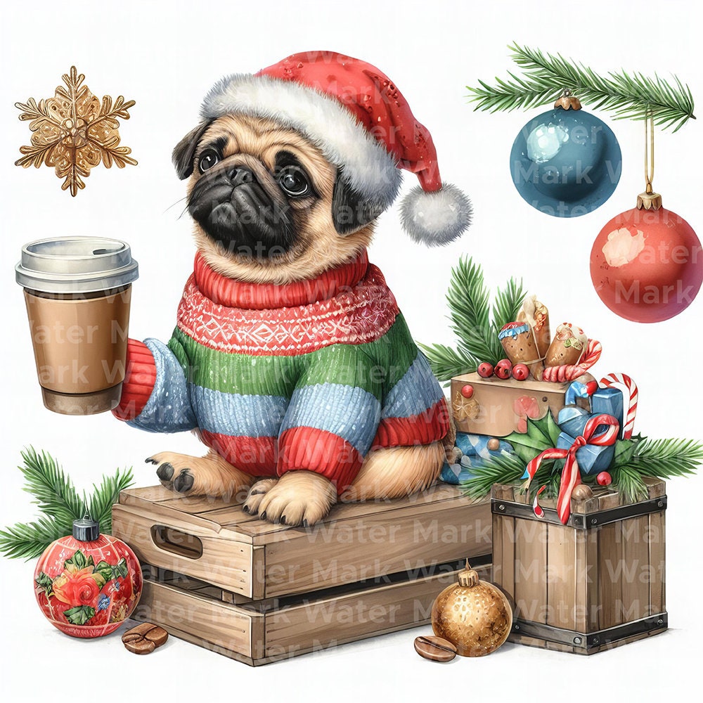 Christmas Dog Pug Clipart 12 Jpg Watercolor Clipart - Etsy