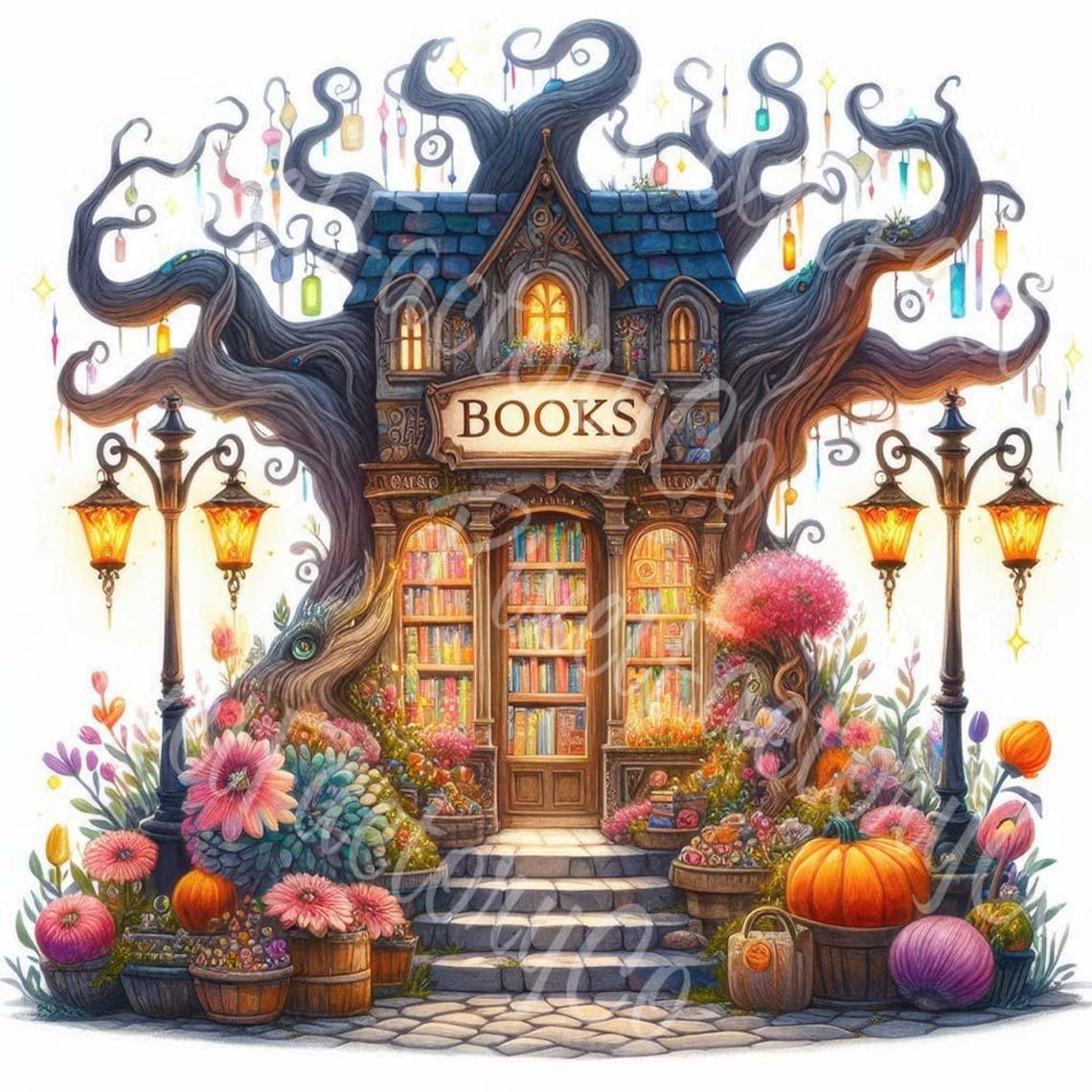 Fairy Tale Bookstore Clipart: Enchanted Library Illustration (JPG ...