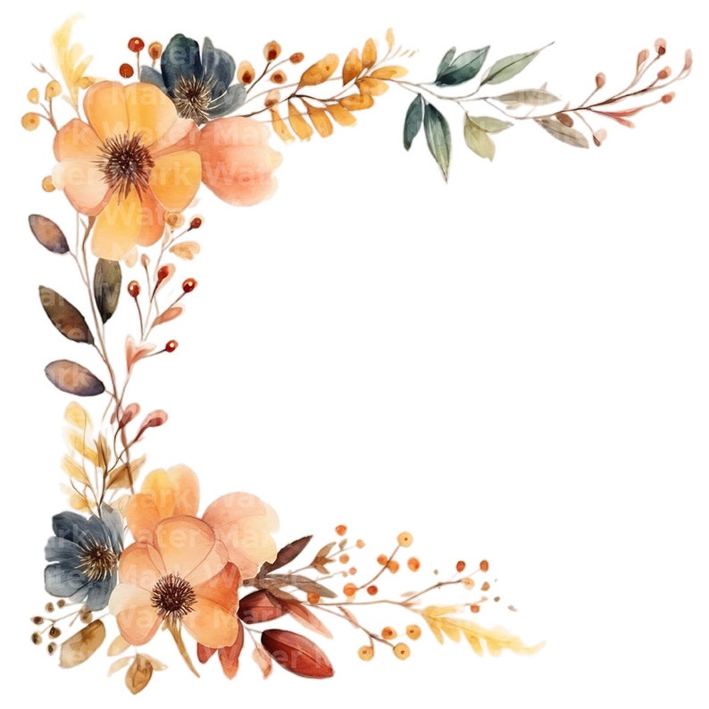 Watercolor Flower Frame Clipart: Autumn Floral Border (digital Download ...