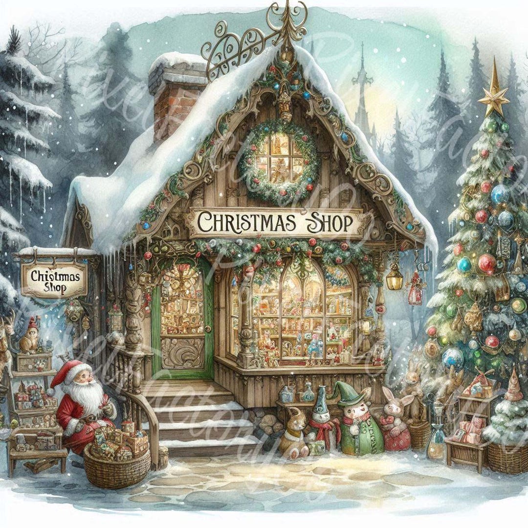 Vintage Christmas Shop Clipart Retro Holiday Store Digital Download ...