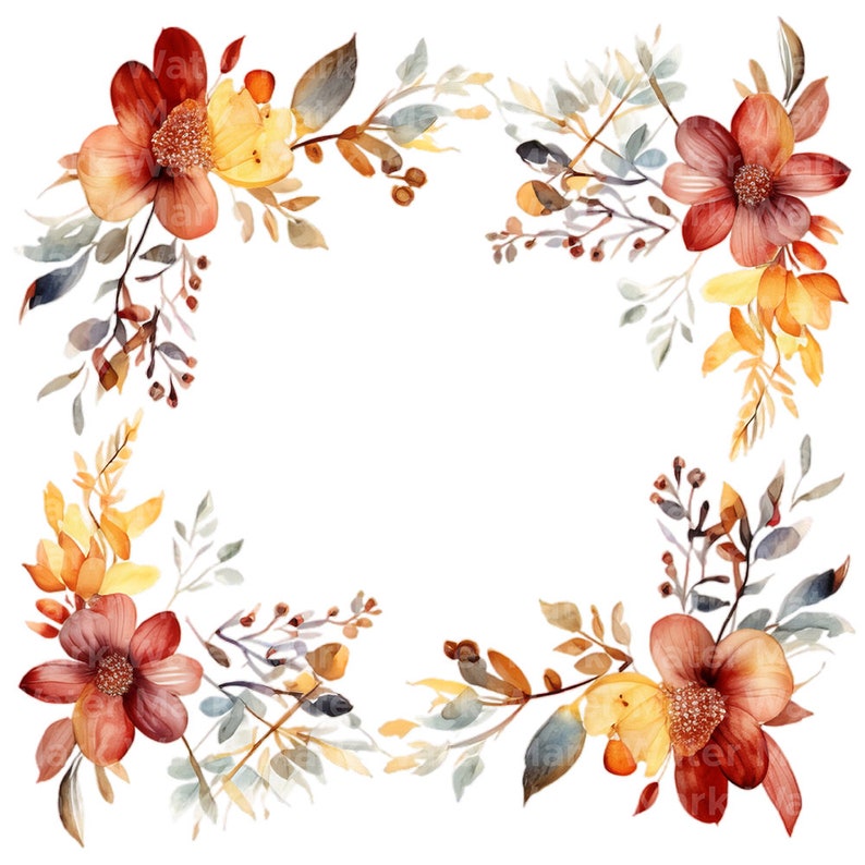 Watercolor Flower Frame Clipart: Autumn Floral Border (digital Download ...