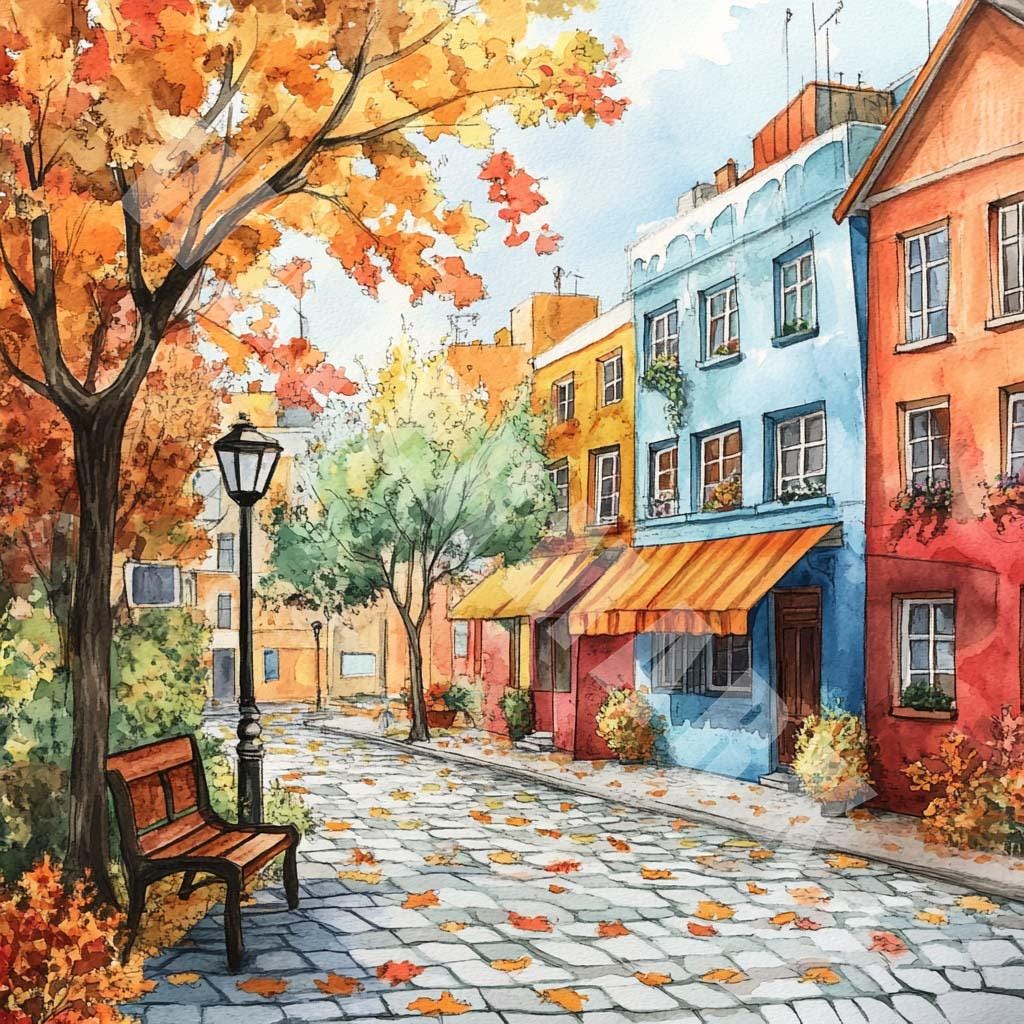 Autumn Street Watercolor Clipart: Fall City Landscape (digital Download ...