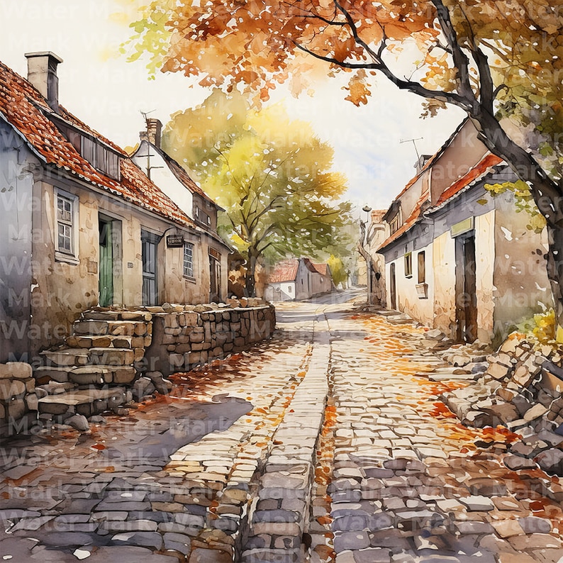 Autumn Street Watercolor Clipart: Fall Landscape (digital Download) - Etsy