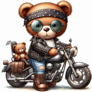 Watercolor Teddy Bear Motorcyclist Clipart: Biker Art (digital Download ...