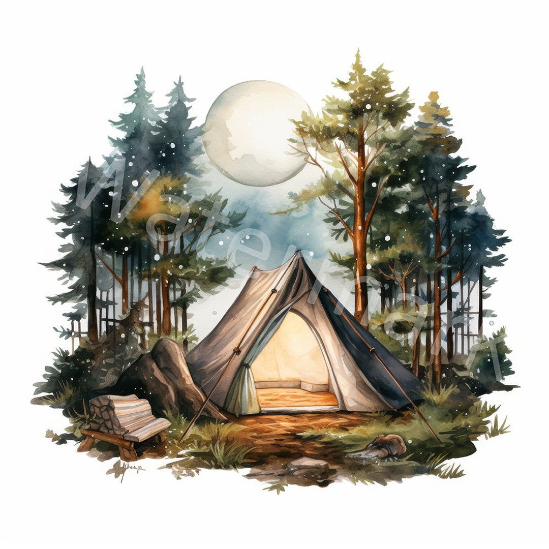Watercolor Camping Clipart: Forest Tent & Camper Designs (digital ...