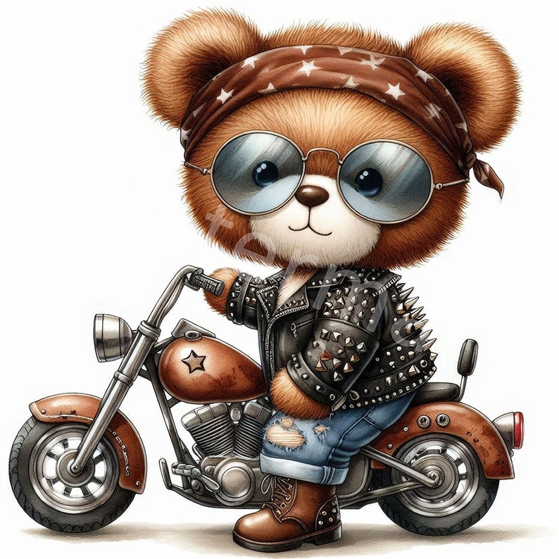 Watercolor Teddy Bear Motorcyclist Clipart: Biker Art (digital Download ...