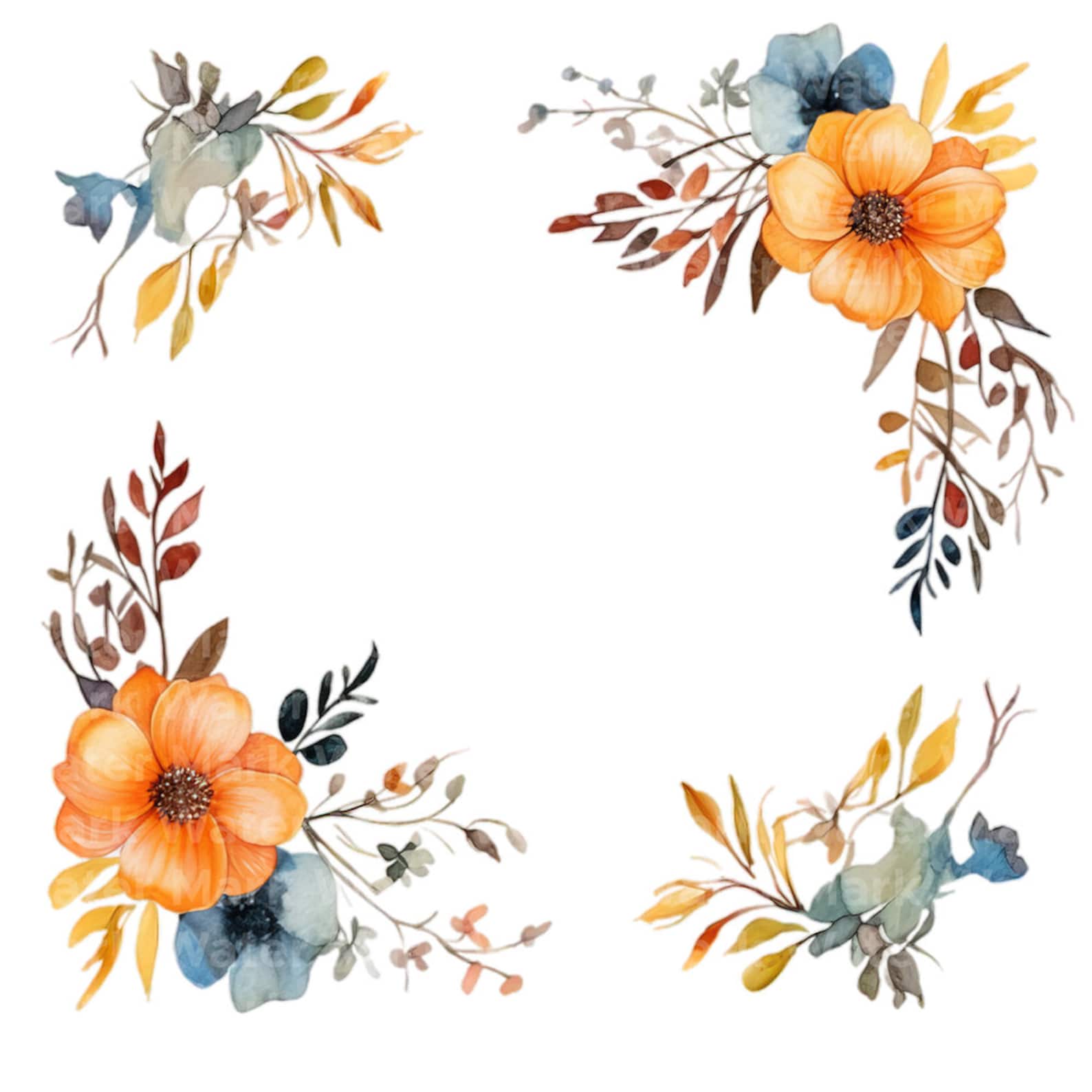 Watercolor Flower Frame Clipart: Autumn Floral Border (digital Download ...