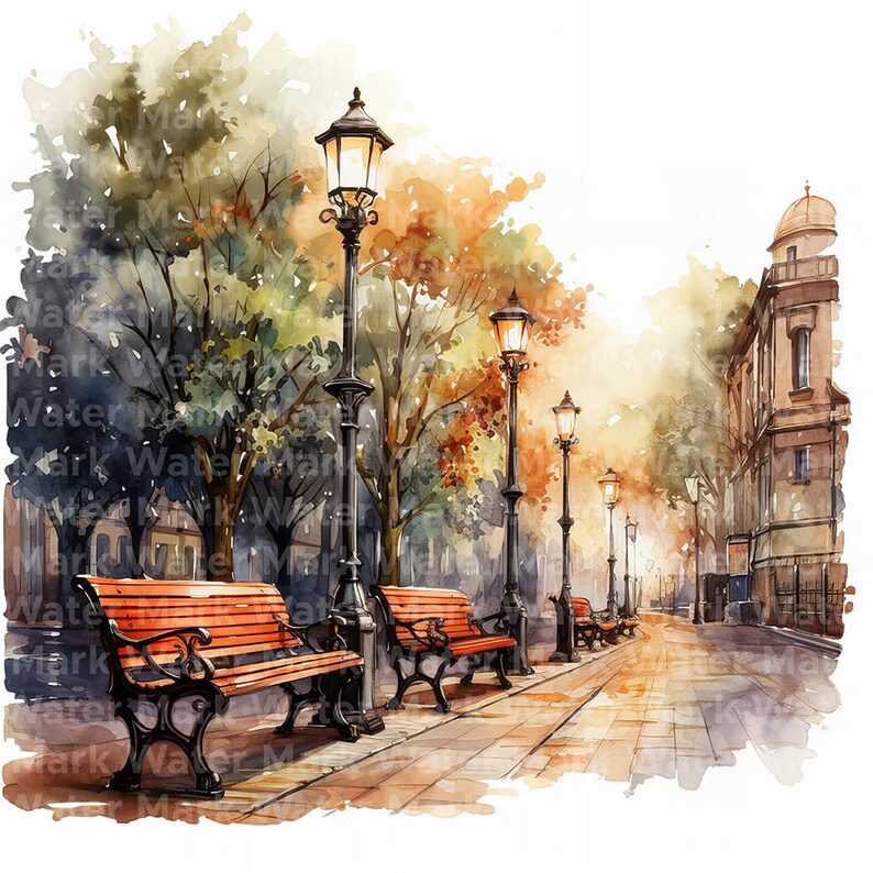 Autumn Street Watercolor Clipart: Fall Landscape Art (digital Download ...