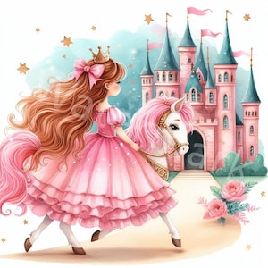 Watercolor Pink Princess Castle Clipart: Scrapbook Graphics (digital ...