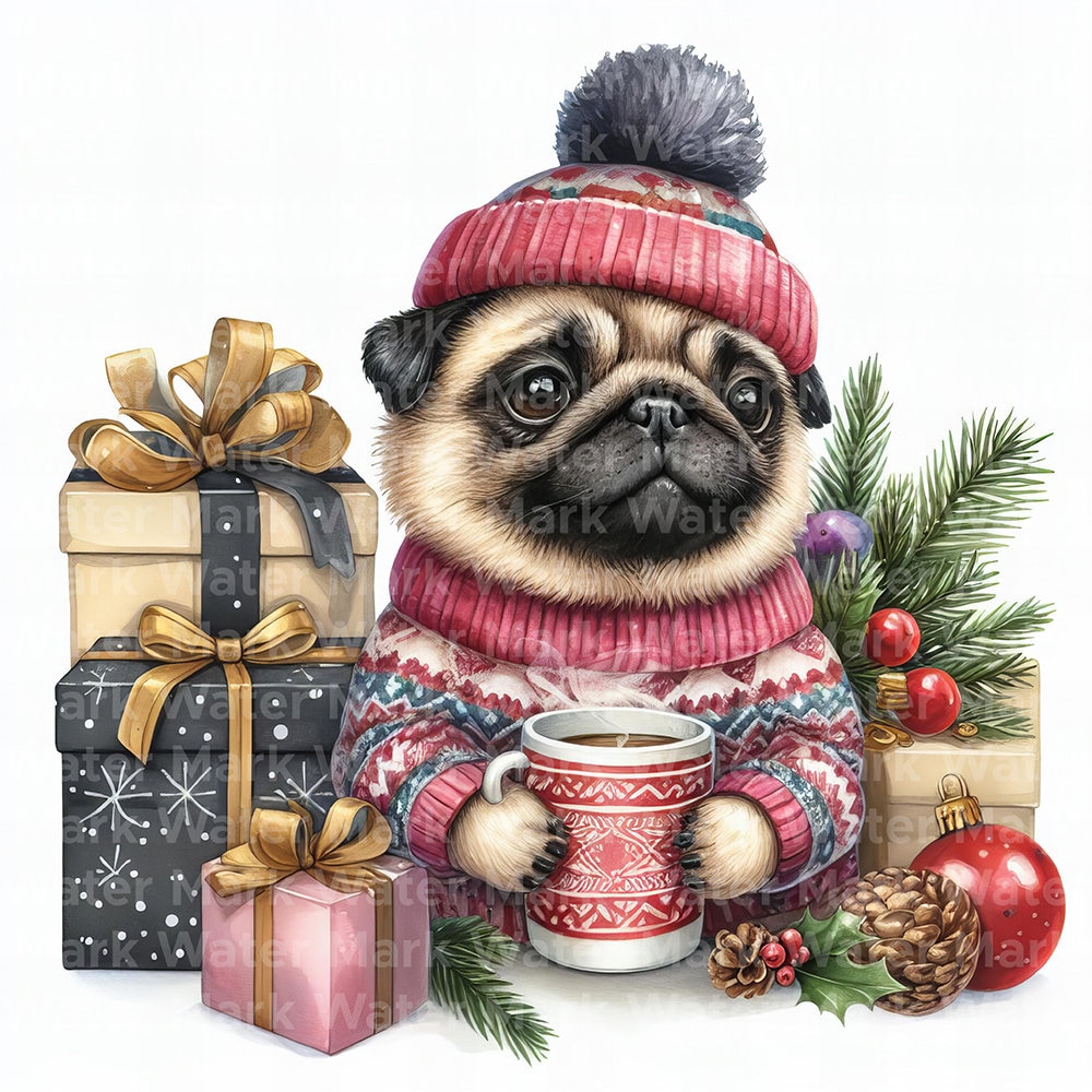 Christmas Dog Pug Clipart 12 Jpg Watercolor Clipart - Etsy