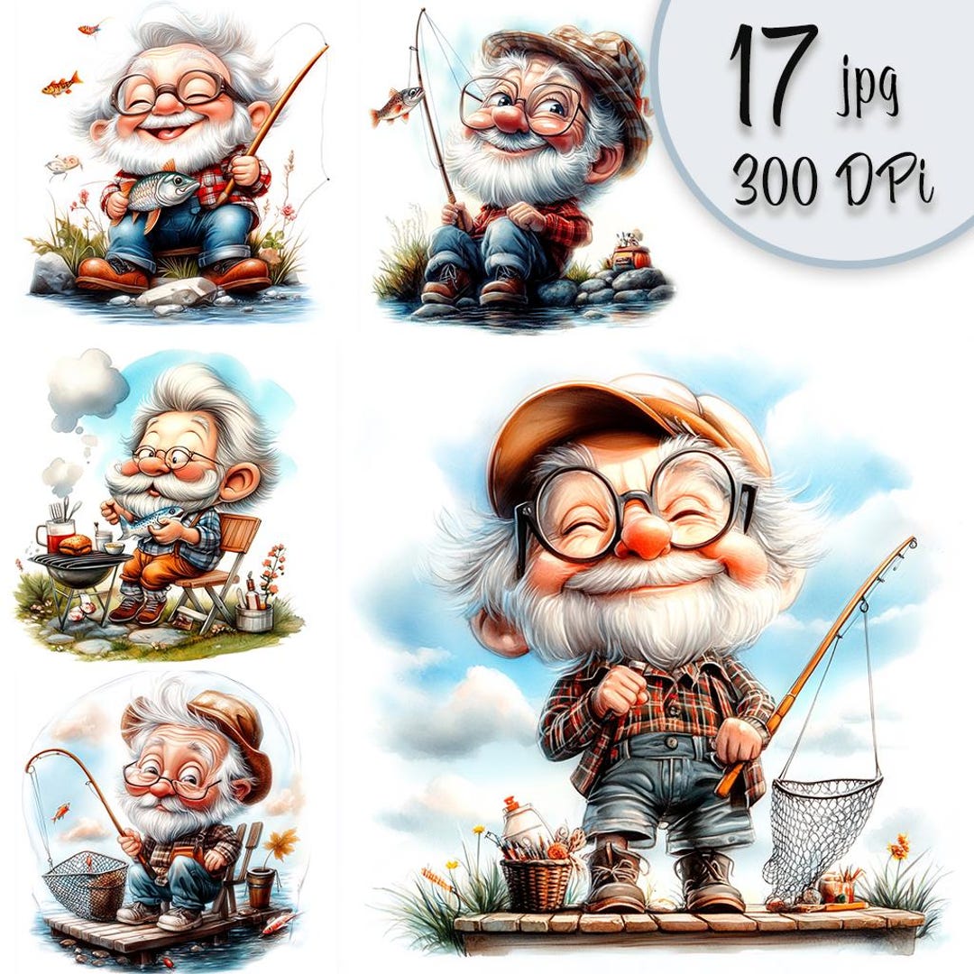 Funny Grandpa Fishing Clipart: Watercolor Summer Character Bundle ...