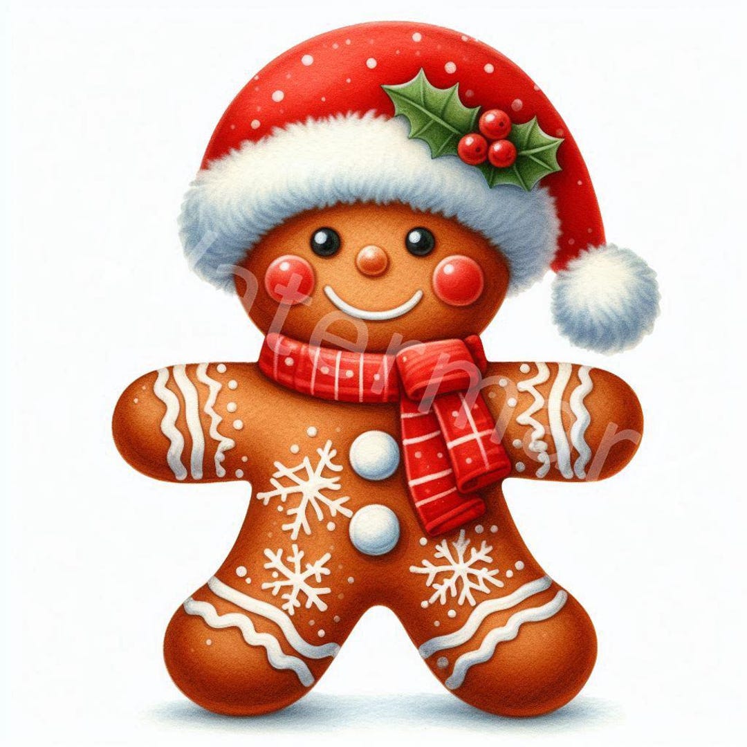 Watercolor Christmas Gingerbread Man Clipart: Santa Hat Cookie (digital ...