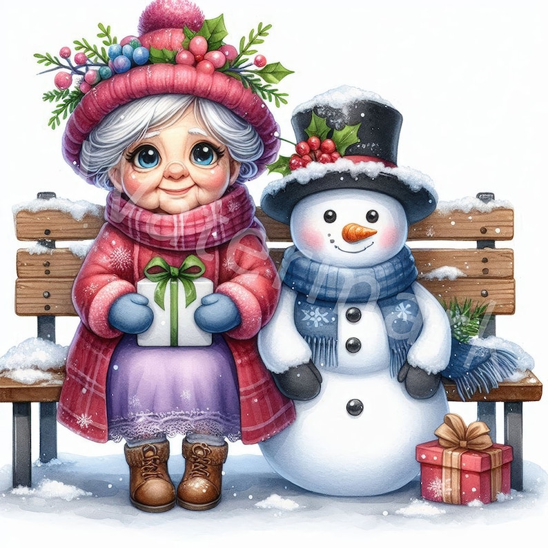 Christmas Grandma & Snowman Clipart: Watercolor JPG Images (digital ...