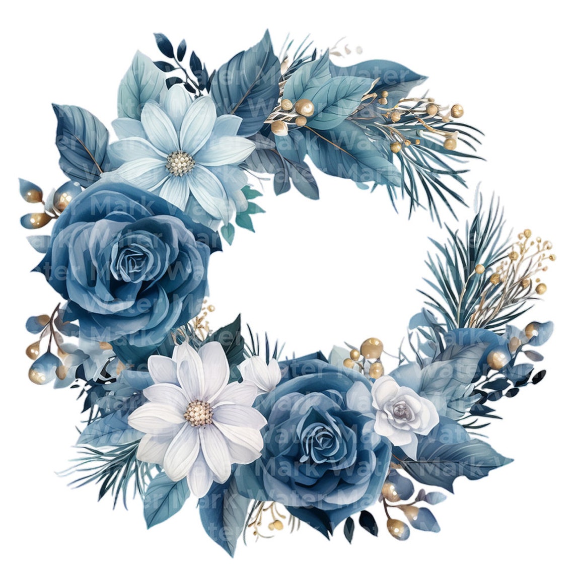 Watercolor Christmas Wreath Clipart: Blue Floral Designs (digital ...
