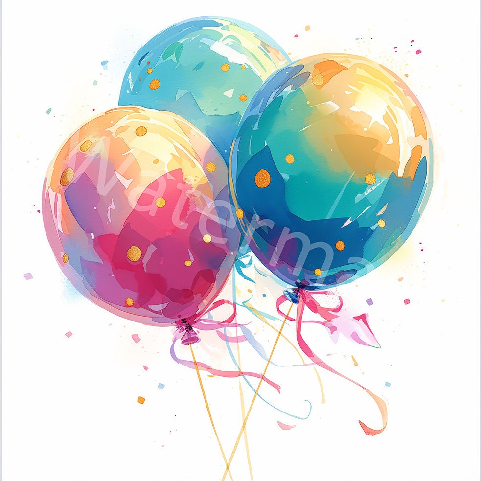 Watercolor Birthday Balloons Clipart: Kids Party Graphics (digital ...