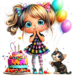 Birthday Girl Clipart: Colorful Party Cake & Balloons (12 JPG Digital ...