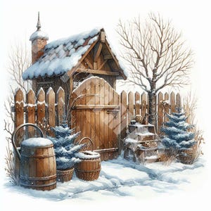 Winter Garden Clipart, 12 JPG, Winter Landscape, Snowy Garden, Digital ...