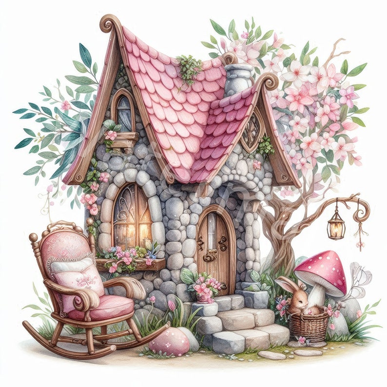Pink Fairy House Clipart: Watercolor Stone Cottage (digital Download ...