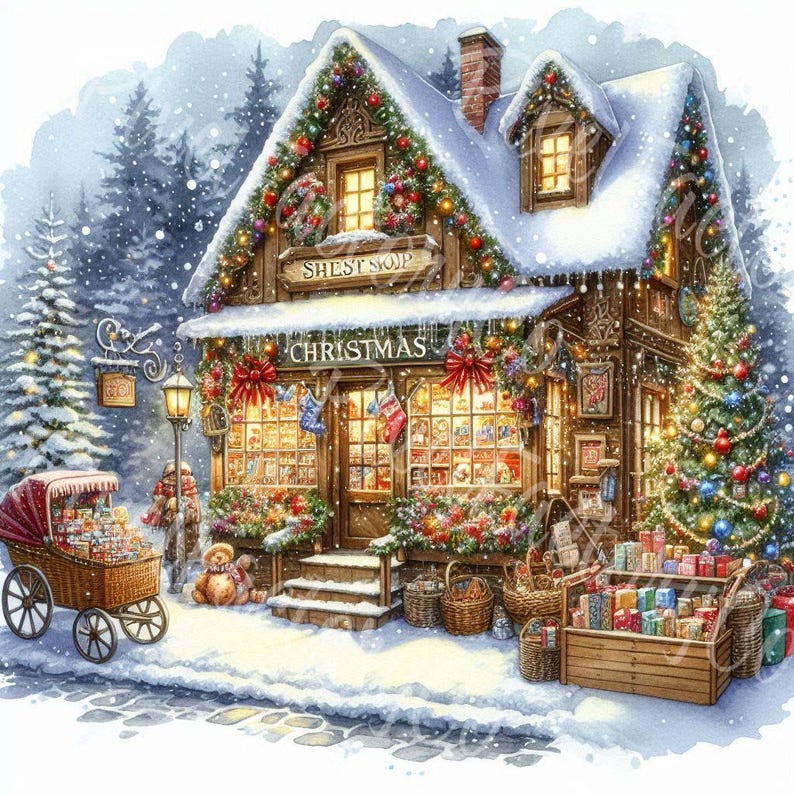 Vintage Christmas Shop Clipart Retro Holiday Store Digital Download ...