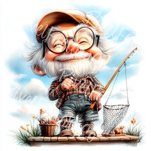 Funny Grandpa Fishing Clipart: Watercolor Summer Character Bundle ...