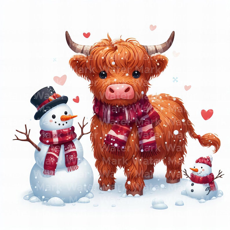 Watercolor Christmas Highland Cow Clipart: Holiday Card Making (digital ...